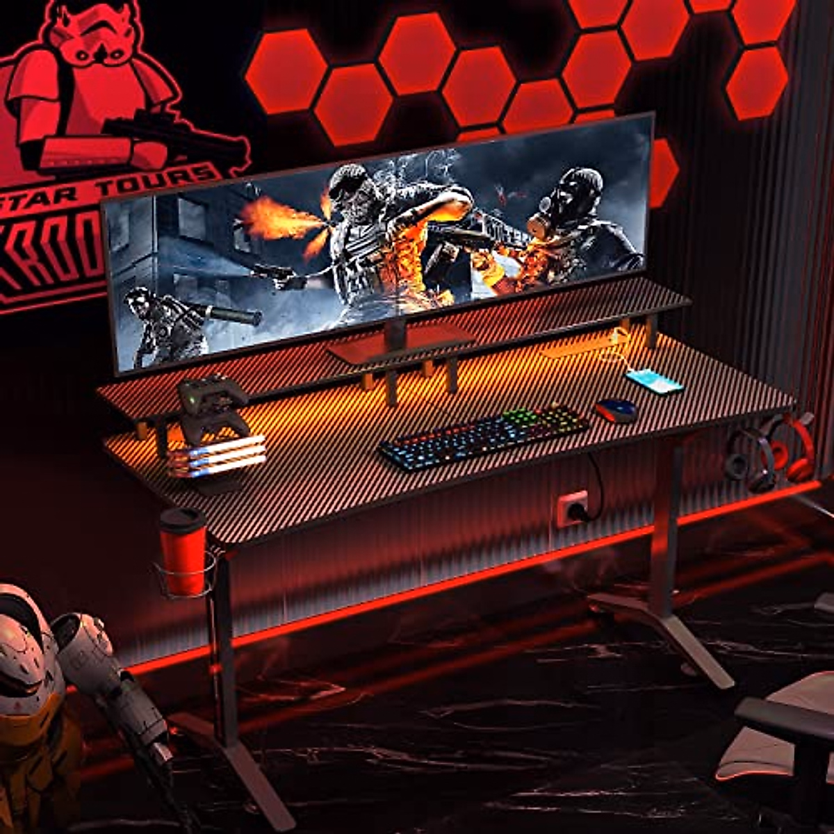SEVEN WARRIOR Gaming Desk 55INCH with LED Lights & Power Outlets, Carbon Fiber Surface Computer Gamer Desk with Full Desk Mouse Pad, Ergonomic Y Shaped Leg Gamer Table with Monitor Stand