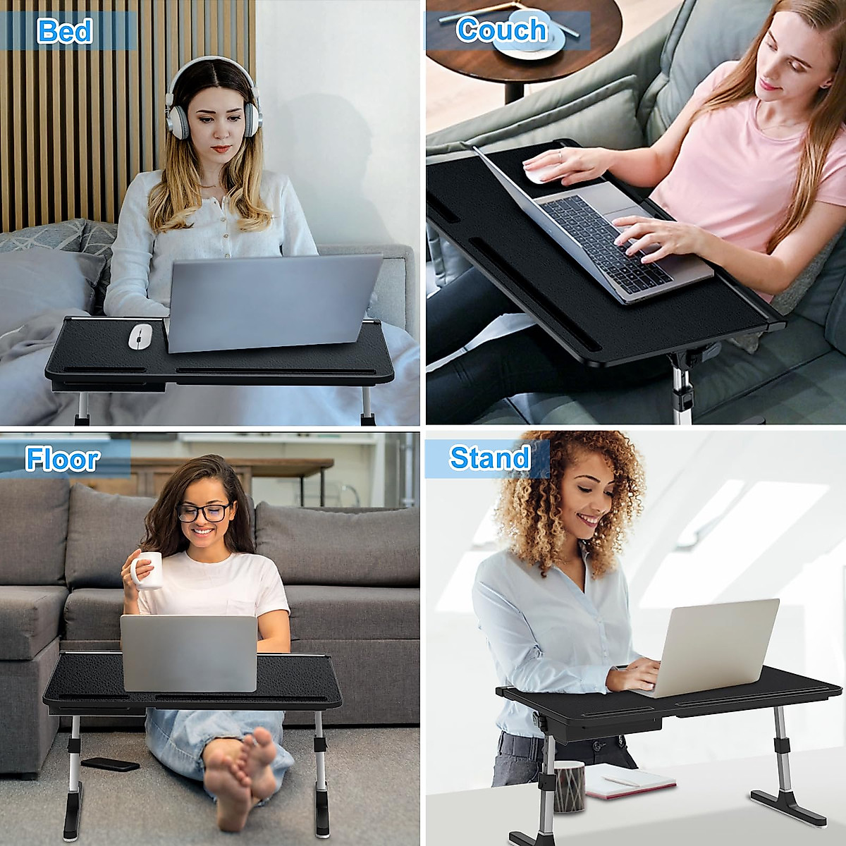 EVETTO Laptop Bed Desk, X-Large Leather Adjustable Computer Bed Table Tray, Foldable Laptop Lap Desk for Bed Sofa Couch Floor Writing Eating Working with Drawer 2 Movable Stoppers (23.6 inch, Black)