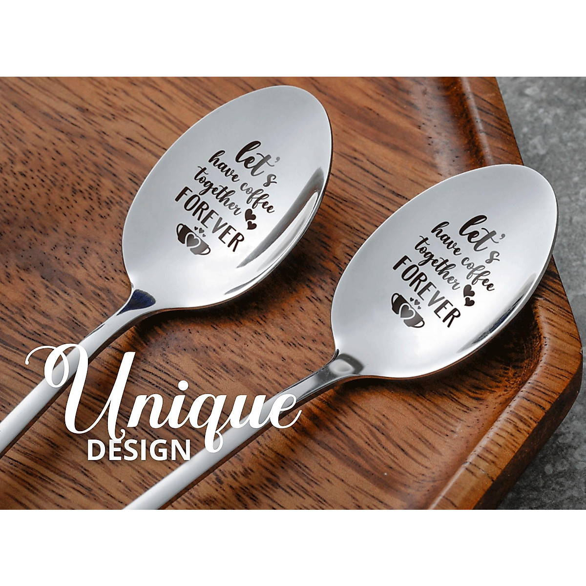 Coffee Spoons for Couples, 2 Pcs Stainless Steel Engraved Coffee Spoons, Coffee Lovers Gifts, Gift Ready Package, Let's Have Coffee Together Forever