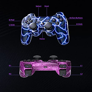 Burcica PS3 Controller 2 Pack Wireless Motion Sense Dual Vibration Upgraded Gaming Controller for Sony Play Station 3 with Charging Cord (Blue+Purple)
