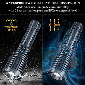 Super Bright Rechargeable Flashlights 1200000 High Lumen, Powerful LED Flashlight, IPX7 Waterproof Floodlight & Spotlight Flashlight 2-in-1 W/5 Modes for Camping, Emergency, Search & Rescue