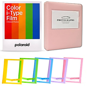 Polaroid Color Film for I-Type (8 Exposures) + Pink Album - Holds 32 Photos + Plastic Frames - Assorted Colors