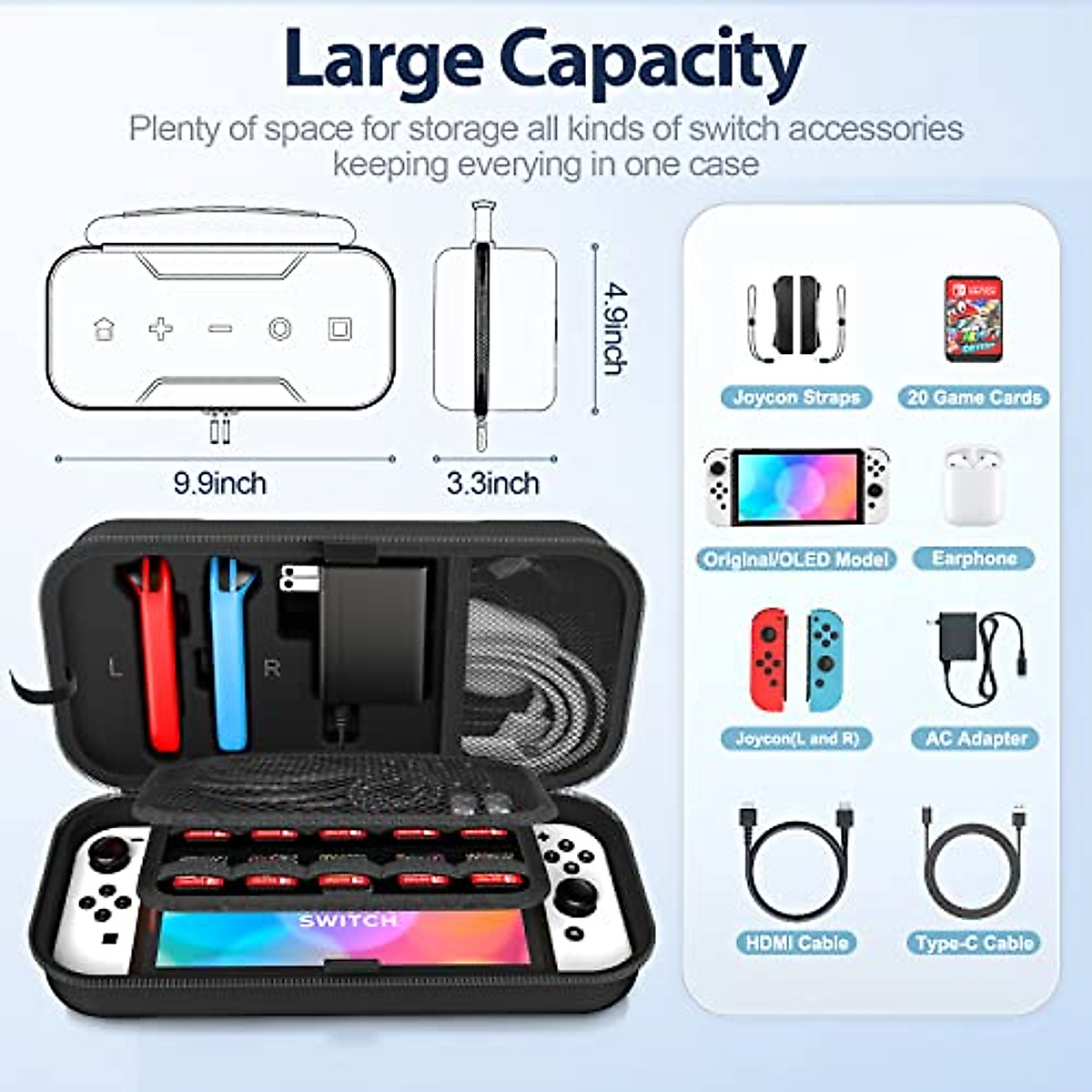 Switch OLED Carrying Case Compatible with Nintendo Switch/OLED Model, Portable Switch Travel Carry Case Fit for Joy-Con and Adapter, Hard Shell Protective Switch Pouch Case with 20 Games, Black