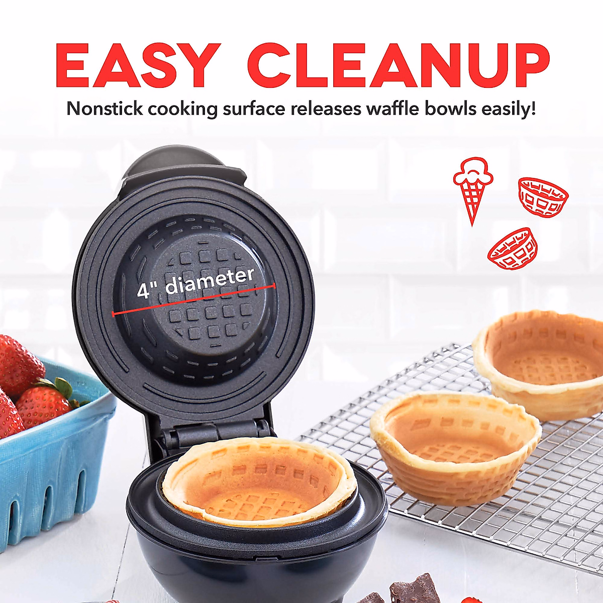 DASH Mini Waffle Bowl Maker for Breakfast Burrito Bowls, Ice Cream and Other Sweet Desserts, Recipe Guide Included - Black