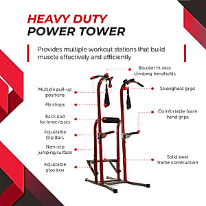Stamina X Fortress Power Tower with Plyo Box - Dip Bar Pull Up Bar Station with Smart Workout App - Dip Bars for Home Workout - Up to 250 lbs Weight Capacity - Red