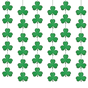 St. Patrick’s Day Green Glitter Shamrock Garland Decor, UNIIDECO Saint Pattys St Patricks Day Party Decorations Accessories, Vintage Irish Paper Shamrocks Banner for Mantle, Classroom Office Crafts