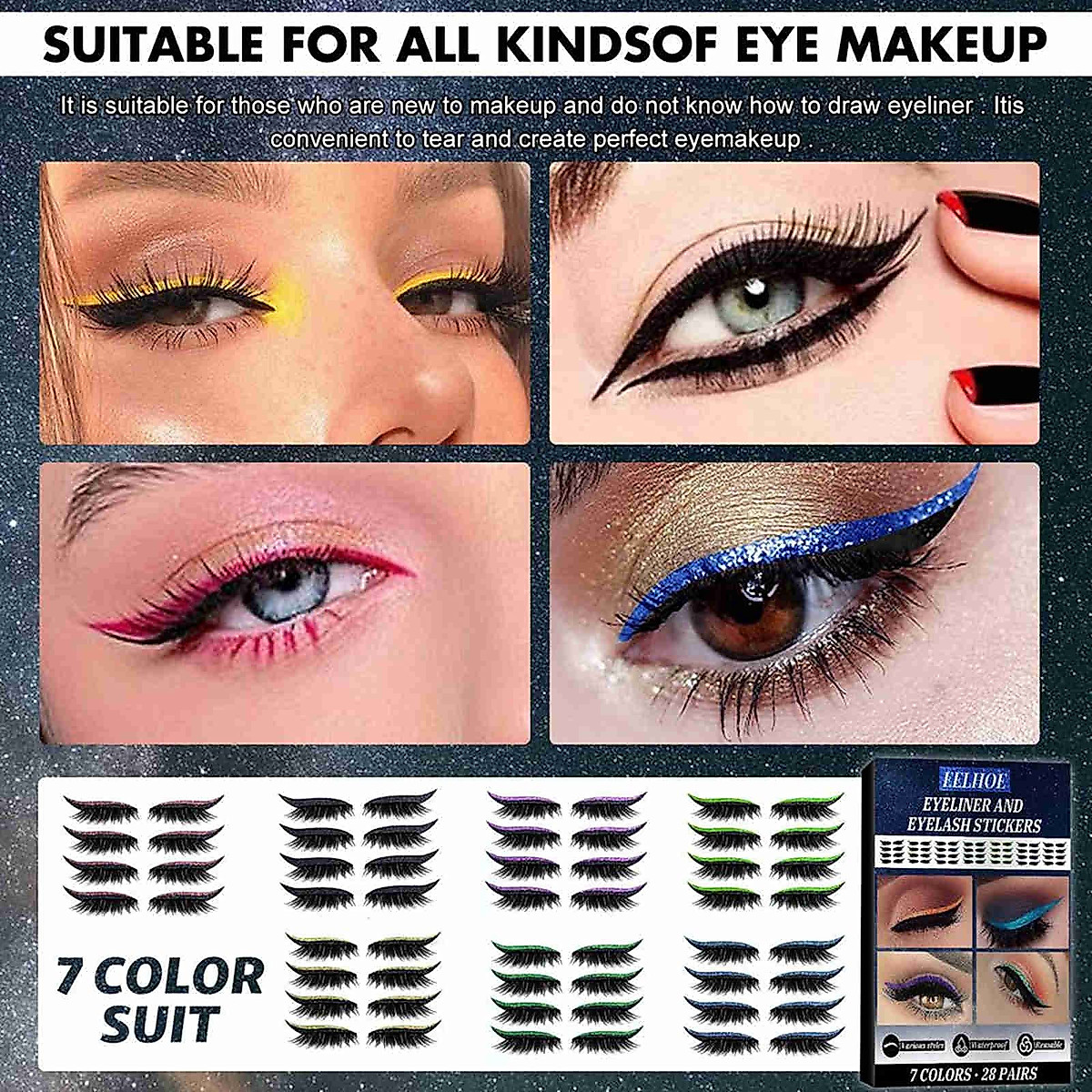 Eyelash Stickers, 4Pairs Reusable Eyeliner and Eyelash Stickers, Self-Adhesive Waterproof Colorful Glitter Invisible Eye Line Strip Stickers, Easy to Wear Women Makeup Eyeliner Sticke (Black)