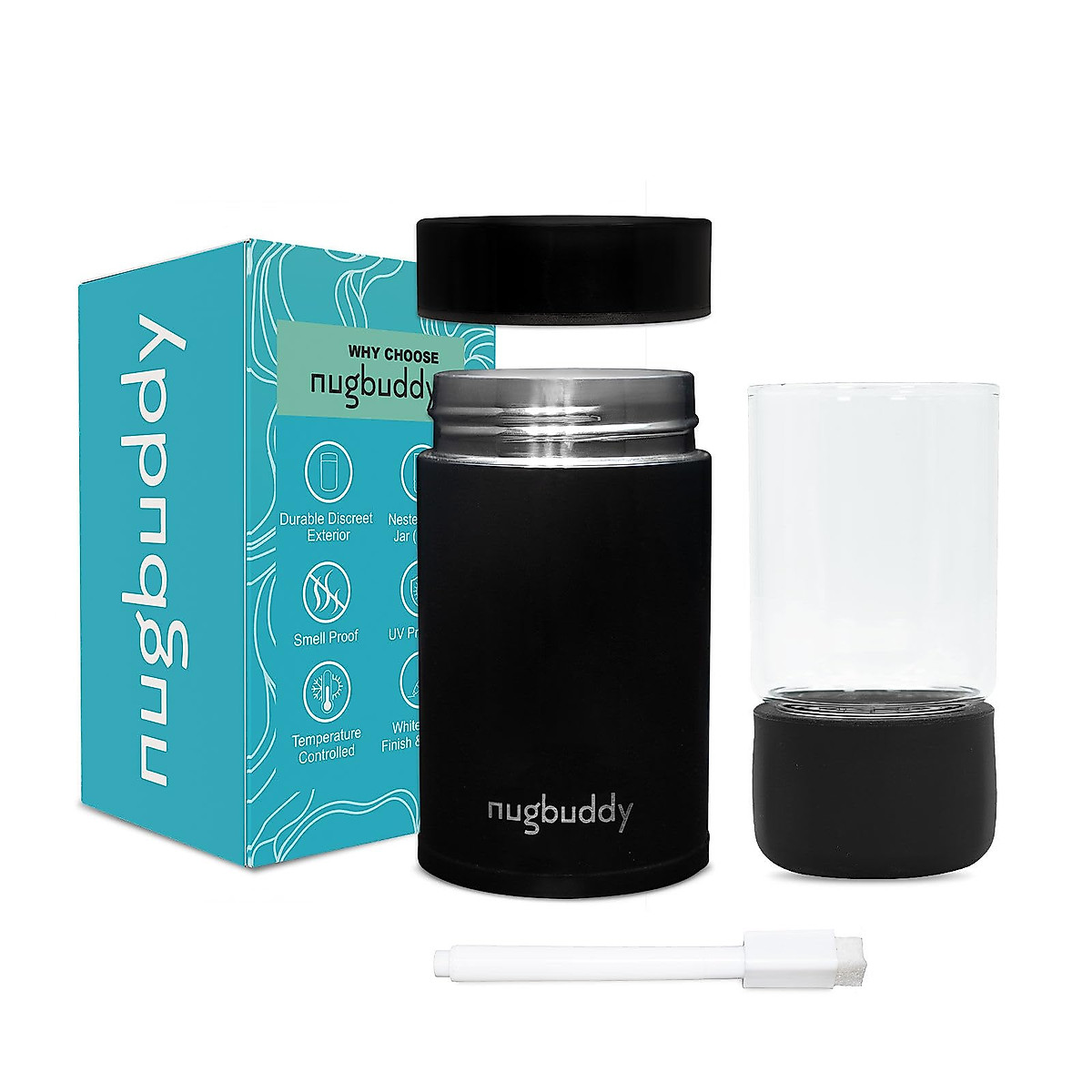 nugbuddy Mini Airtight Storage Container - Vacuum Sealed Insulated w Nested Glass Jar - UV Protection, Temperature Controlled Stainless - Whiteboard Finish w Marker Included - 100 ml (1/4 Oz)