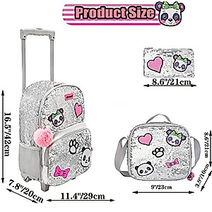JSMNIAI Girls Rolling Backpack Sequin Panda Rolling Wheels Backpacks for Elementary Preschool Roller Luggage with Lunch Box