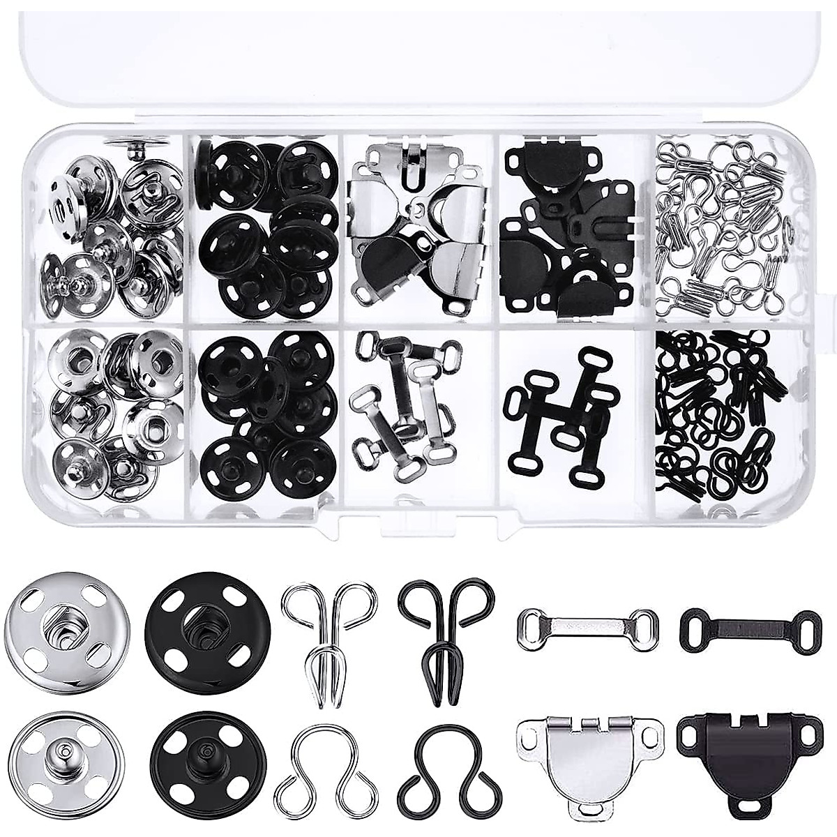 Beautychen 50 Pair Snaps for Sewing 3 Styles Hook and Eye Latch for Clothing Sewing Fixing Tools with Metal Sewing Buttons Fasteners Press Studs for Skirt Dress Bra Sewing DIY Crafting, 2 Colors (50)