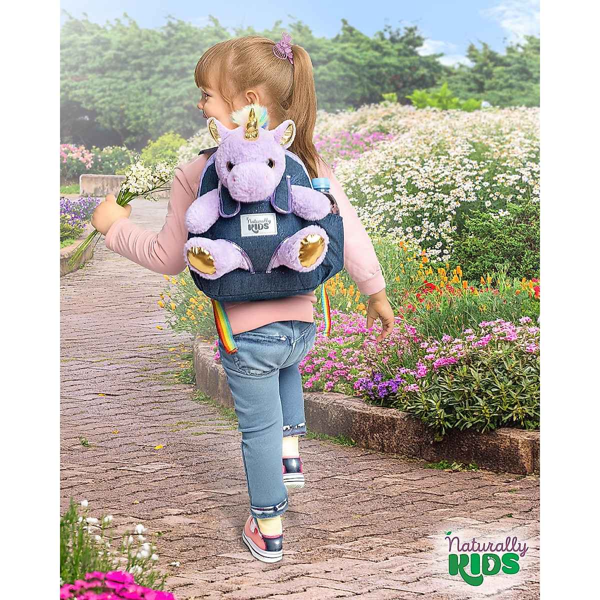 Naturally KIDS Small Unicorn Backpack - 3 - 4 Year Old Girl Gifts - Toddler Backpack for Girl Boy w Stuffed Animal - Toys for 3 Year Old Girls - w Pockets & Reflective Logo - Backpack w Purple Unicorn