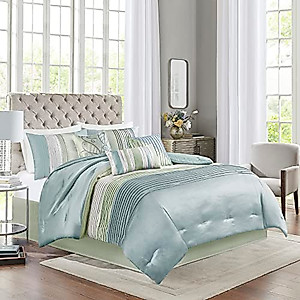 Madison Park Amherst Faux Silk Comforter Set-Casual Contemporary Design All Season Down Alternative Bedding, Matching Shams, Bedskirt, Decorative Pillows, Queen(90"x90"), Green, 7 Piece (MP10-846)
