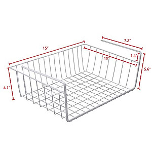 Tebery 2 Pack White Under Shelf Wire Basket Hanging Storage Baskets, Under Cabinet Add-on Storage Racks Slide-in Baskets Organizer for Kitchen Pantry Desk Bookshelf