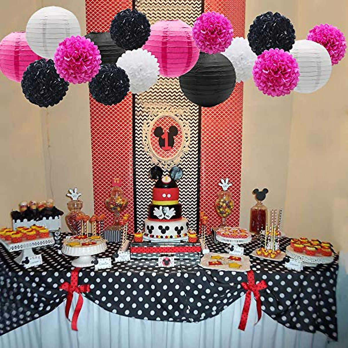 15pcs Hanging Party Decorations Set, Hot Pink White Black Paper Flowers Pom Poms Balls and Paper Lanterns for Minnie Mouse Theme Birthday Baby Shower Bachelorette Party