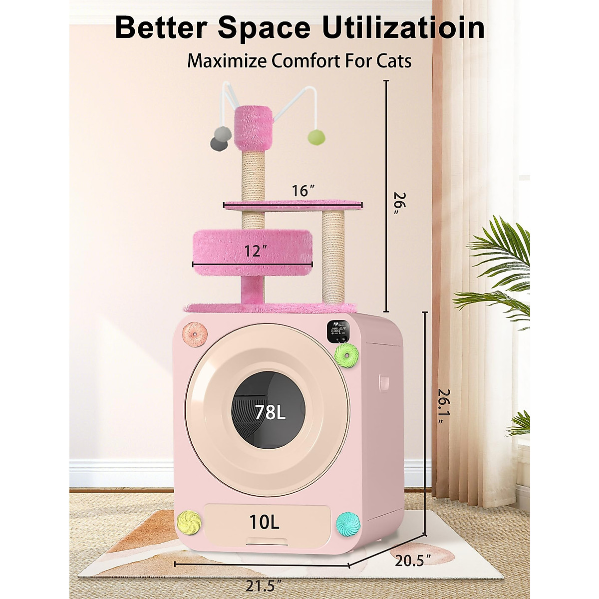 Self Cleaning Cat Litter Box with Cat Tree Scratching Post, Automatic Cat Litter Box for Multiple Cats with APP Control Odor Removal Integrated Safety Protection Smart Robort Pink