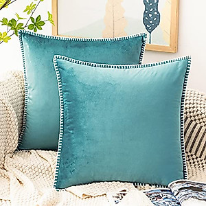 GAWAMAY Soft Velvet Farmhouse Spring Teal Pillow Covers 18x18 Set of 2,Decorative Green Throw Pillows with Chenille Thread Edge,Square Boho Couch Pillows for Living Room Sofa Couch Beding(45x45cm)