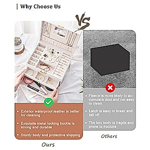 Jewelry Box Organizer for Women Girls, 3 Layer White PU Leather Jewelry Storage Case with 2 Removable Drawers, Mirror, Key Lock and 4 Pcs Jewelry Bags for Rings, Earrings, Necklace, Bracelet