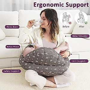 Yoofoss Nursing Pillow for Breastfeeding, Plus Size Ergonomic Breastfeeding Pillows, Breast Feeding Pillows for Mom and Baby with Adjustable Waist Strap, Removable Cover and Security Fence, Arrow Grey