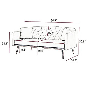 Yoglad Convertible Sofa with Pillow, Upholstered Recliner Couch, Futon Loveseat with Metal Legs, Daybed Sleeper for Living Room (White, 64" Velvet, Hill-Shaped Backrest)