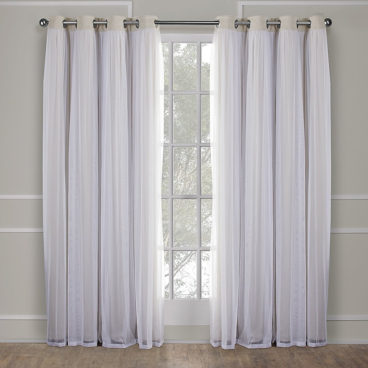 Exclusive Home Catarina Layered Solid Room Darkening Blackout and Sheer Grommet Top Curtain Panel Pair, 52"x96", Sand