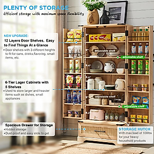 ACCOHOHO 72" Tall Rattan Kitchen Pantry Cabinet with Drawer, Boho Storage Cabinet with 2 Rattan Doors and Shelves, Versatile Large Cabinet for Dining Room, Bathroom, Living Room, Laudry, Natural Oak