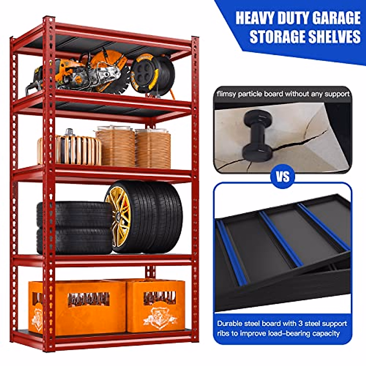 REIBII Garage Shelving Heavy Duty 72" Garage Storage Shelves 5 Tier Adjustable Heavy Duty Shelving 1750LBS Metal Storage Shelving Unit for Basement Garage Storage Rack 72"H x 16.8"D x 31.8"W Red Black