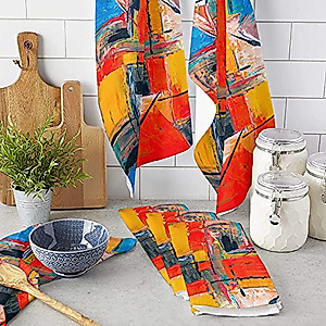 Yun Nist Kitchen Dish Towels,Red Orange Blue Oil Painting Soft Microfiber Dish Cloths Reusable Hand Towels,Modern Abstract Geometry Art Washable Tea Towel for Dishes Counters 1 Pack