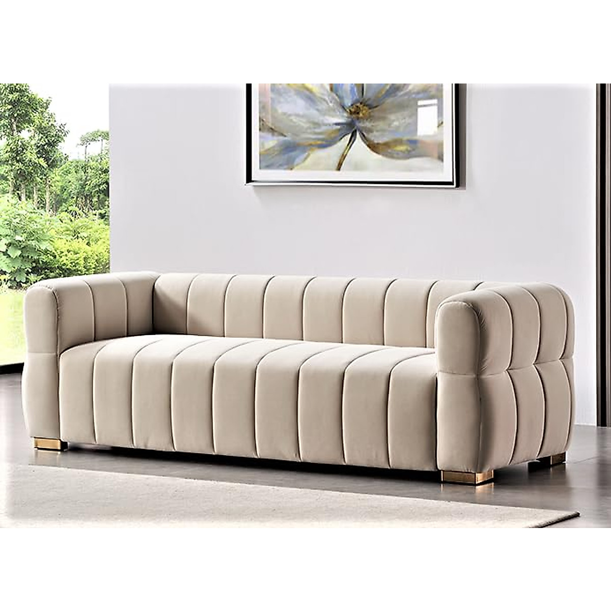 Container Furniture Direct Art Deco Velvet Sofa with Tufted Low Back Design, Sophisticated 3 Seater Couch for Living Rooms, 89 Inch Wide, Easy Assembly, Beige