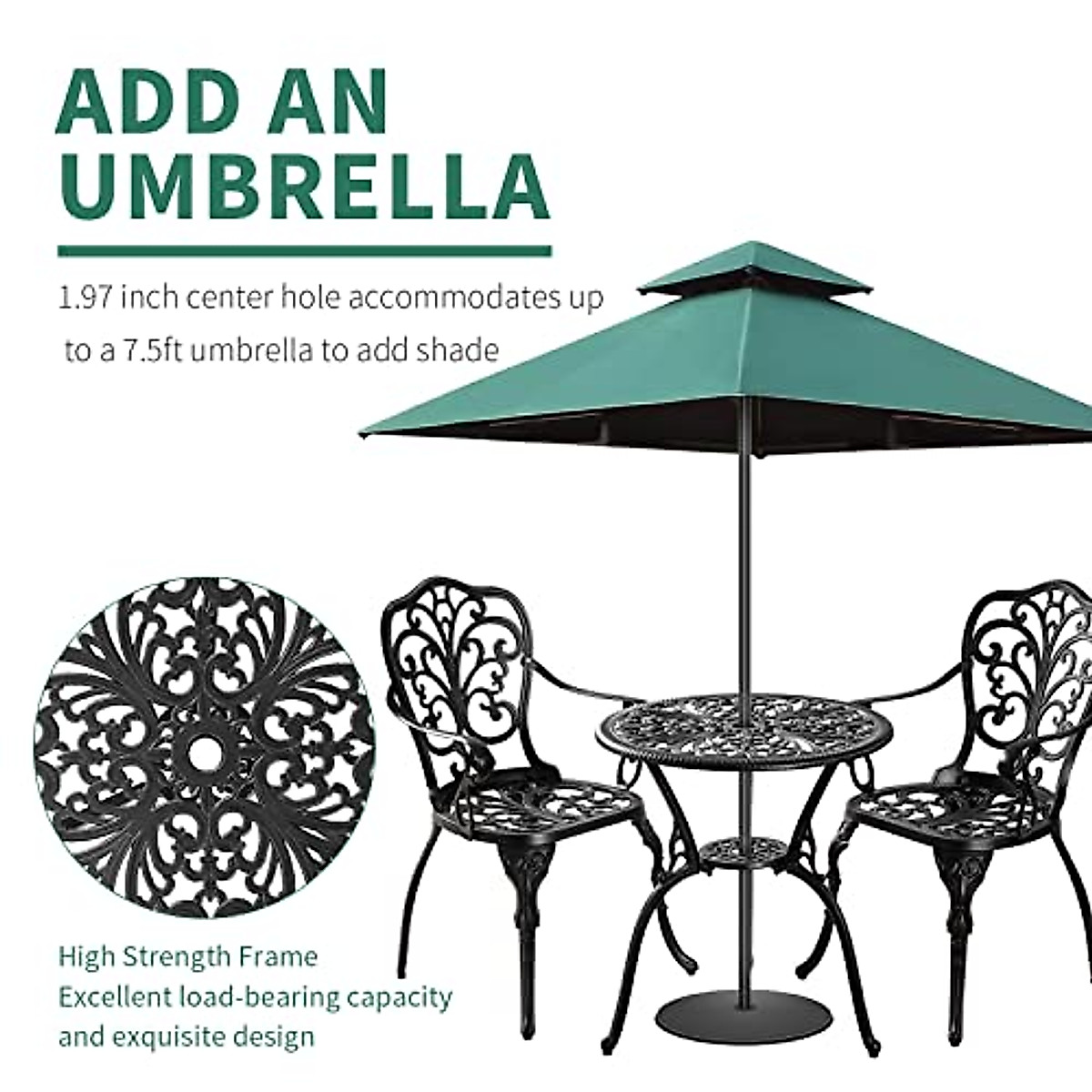 Withniture Bistro Table and Chairs Set of 2 with Umbrella Hole,Cast Aluminum Patio Bistro Sets 3 Piece,Outdoor Bistro Table Set,Patio Furniture Set for Front Porch Set,Garden(Butterfly Black)