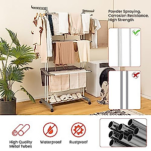 Tangkula 4-Tier Clothes Drying Rack, Collapsible Laundry Rack Stand with 2 Hanger Holders, 3 Tier Retractable Trays, 1 Bottom Shoe Rack, Movable Garment Drying Station with 4 Castors (Silver)
