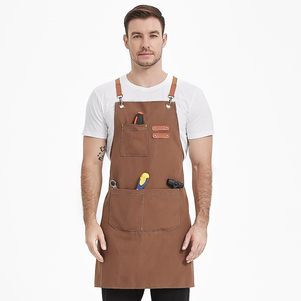 FunChaos Brown Canvas Aprons, Work Aprons for Men Women, Chef Aprons with Adjustable Strap and 3 Pockets, Apron for Servers Kitchen Cooking Baking Artist Painting, Cross Back