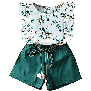 Guodeunh Baby Toddler Girls Summer Outfits Kids Flower Print T-Shirt Sleeveless Top Belt Shorts Pants Set(Green,6-7Years)