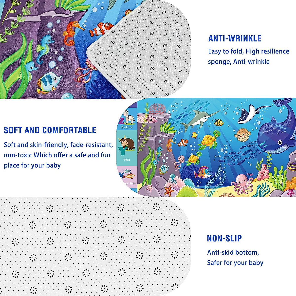 LTKOUGFAM Kids Play Rug, Animals Print Baby Mat for Floor, Kids Rug for Playroom, ABC Educational Rug, Non-Toxic Soft Baby Crawling Mat, Tummy Time Mat, Nursery Rugs (Blue, 78.7X59 INCH)