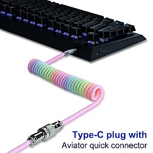 UCINNOVATE Coiled Keyboard Cable, Pro Custom Coiled USB C Cable for Gaming Keyboard, Double-Sleeved Mechanical Keyboard Cable with Detachable Metal Aviator, 1.8M USB-C to USB-A (Rainbow)