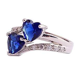 Emsione Vintage 925 Sterling Silver Plated CZ Double Heart Created Sapphire & Topaz Love Wedding Promise Ring