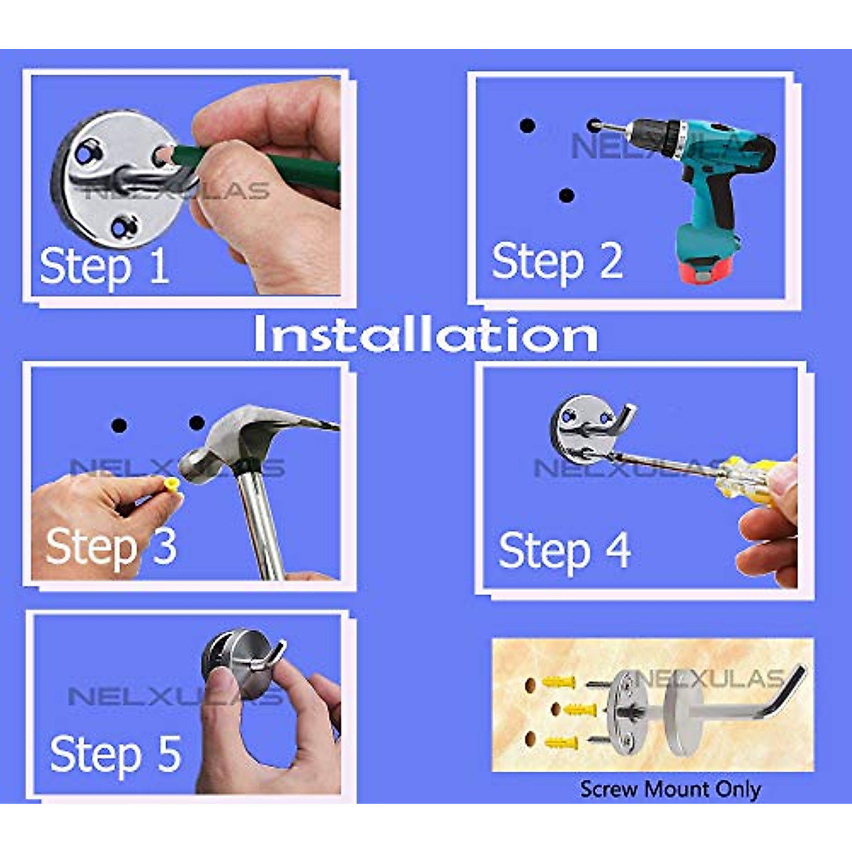 NELXULAS Brushed Stainless Steel Single Heavy Duty Short Nose Screws Wall Mount Hook,Fit for Kitchen,Bedroom,Living Room, Bathroom,Closets and Garage Storage,No Magnetic Mount Function(2", 4 PCS)