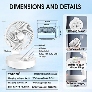 YOTOZU Waterproof Portable Fan, Maglev Detachable Cordless Foldable Fan, 4000mAh Rechargeable Battery Operated Travel Fan, 4 Speeds 4H Timer Table Collapsible Fan for Home Kitchen, Camping, Outdoor