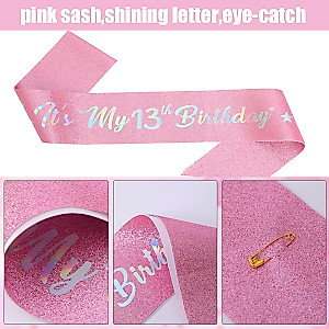 13th Birthday Candle Sash and Tiara Sets,It's My 13th Birthday Sash Rhinestone Crown Happy Birthday Cake Topper 32inch Foil Balloon for Girls 13th Birthday Gift Party Decorations Supplies (Rose 13th)