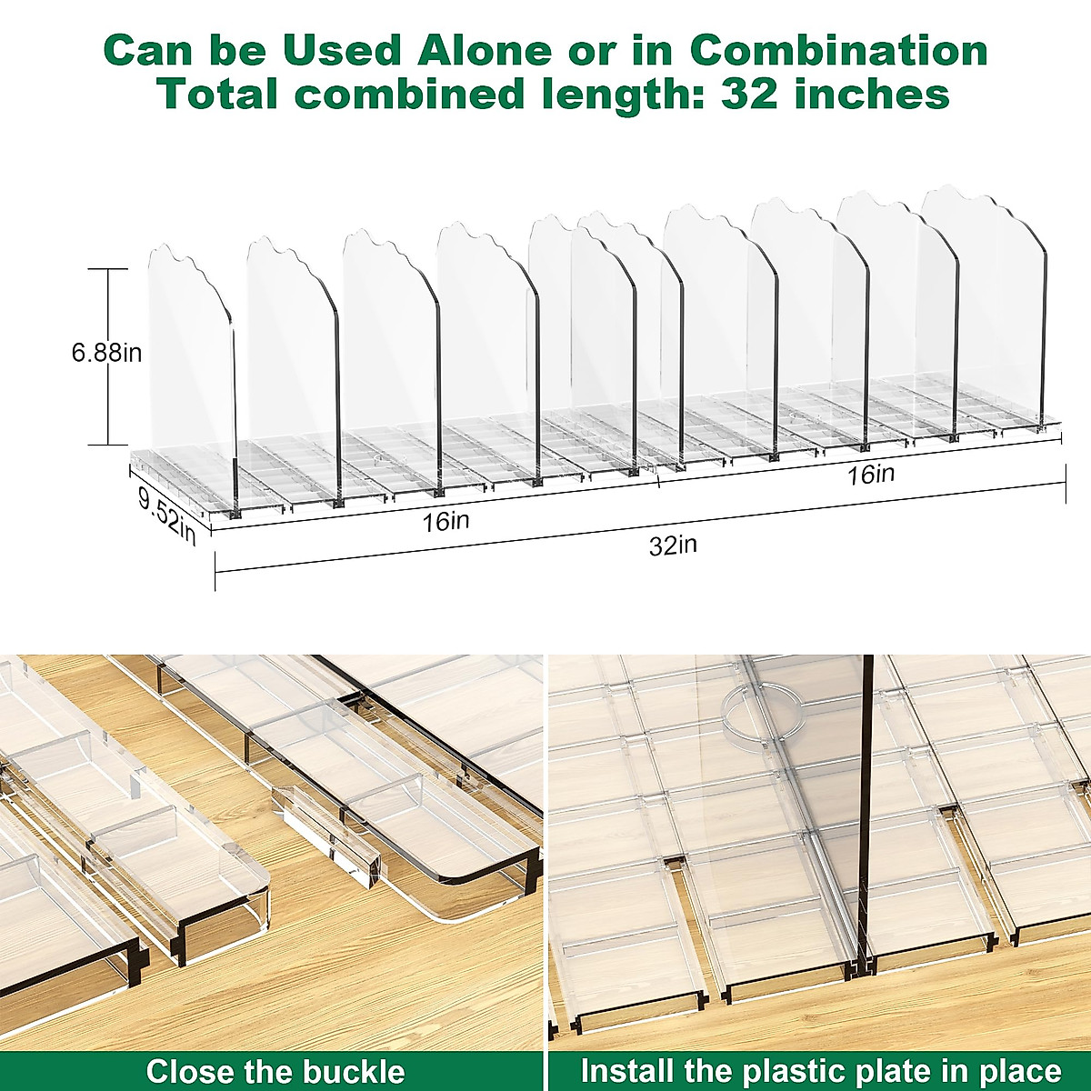 MEKEET Purse Organizer, Acrylic Purse Organizer for Closet, 32 Inch 10 Panels Adjustable Shelf Bag Divider, Clear Wave Detachable Handbag Storage Shelf, Keep Purses Upright