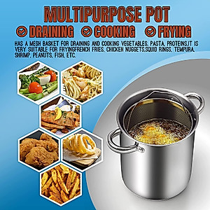 Cook N Home Deep Fryer Pot, Japanese Tempura Small Stainless Steel Deep Frying Pot, 304 Stainless Steel with Oil Drip Drainer Rack, Glass Lid, 6.3 inch/ 4Quart, for Kitchen French Fries, Chicken