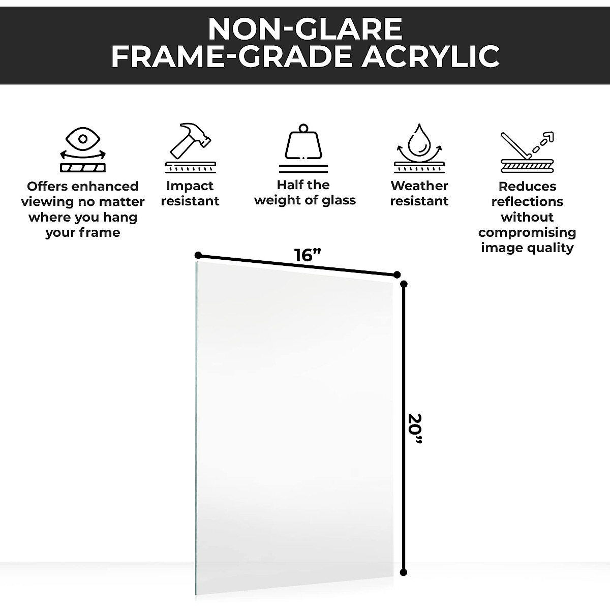 CountryArtHouse Non-Glare Acrylic Replacement for 16x20 Picture Frame, Replacement Plexiglass for 16x20 Photo Frame, UV-Resistant Non-Glare Acrylic Cover Sheet