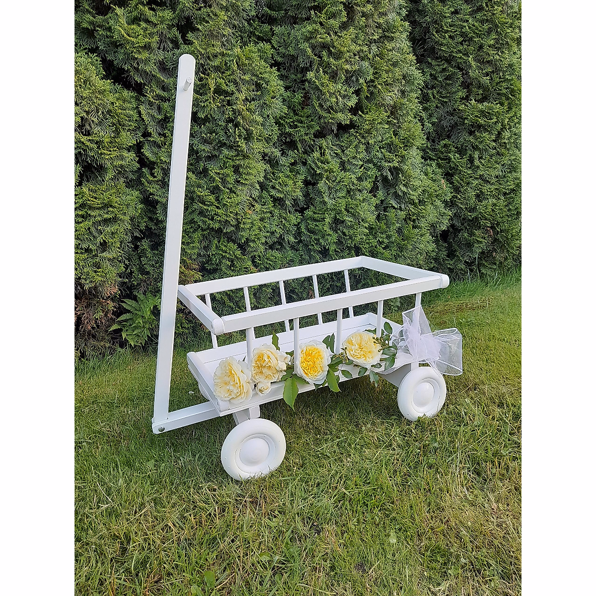 Premium Wooden Wagon JAS - Safe and Beautiful | Ideal for Weddings and Flower Girls | Color: White Fluff + seat Belt| Wheels: Rubber