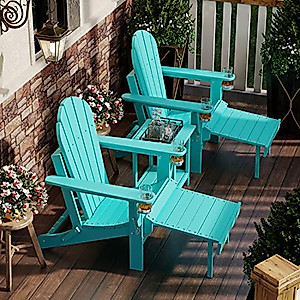 Sundale Outdoor Folding Heavy Duty Adirondack Chair with Footrest 2 Cup Holder on Armrest, Perfect for Outside Porch Patio Garden Pool Yard Turquoise