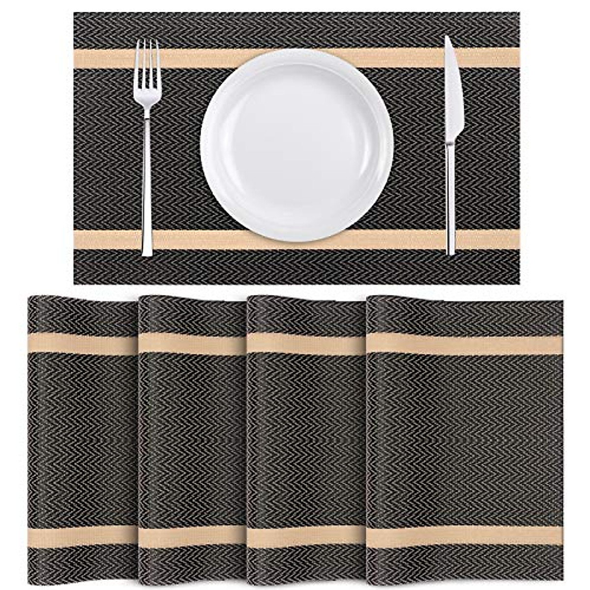 PetsHome Placemats, Washable and Heat-Resistant Table Mats, Non-Slip Woven PVC Placemats for Dining Table Sets of 4 Black