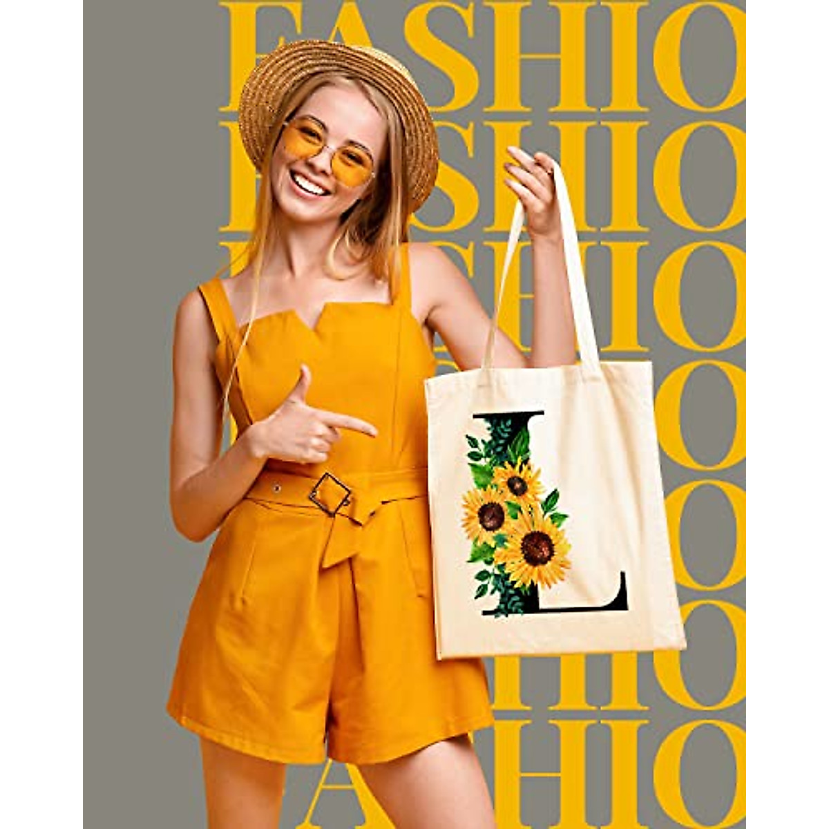 AUSVKAI Canvas Tote Bag Aesthetic for Women, Cute Sunflower Initial Trendy Monogram Personalized Initial Birthday Reusable Cloth Cotton Bags with Handle for Grocery School Shopping Beach