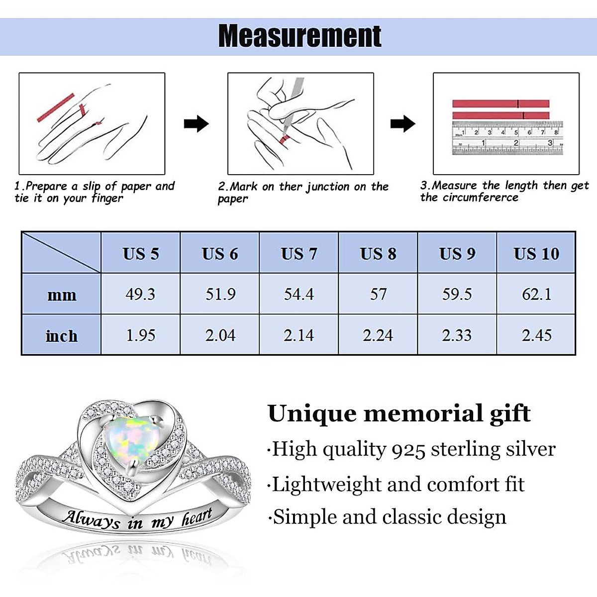 Heart Cremation Ring for Ashes - 925 Sterling Silver Opal Urn Keepake Rings Memorial Jewelry for Women (White, 9)