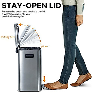 MGHH 40L Stainless Steel Rubbish Bin, Kitchen Trash Can with Lid Step Trash Bin Fingerprint-Proof Brushed Stainless Steel Trash Can for Office Bedroom Bathroom-Silver