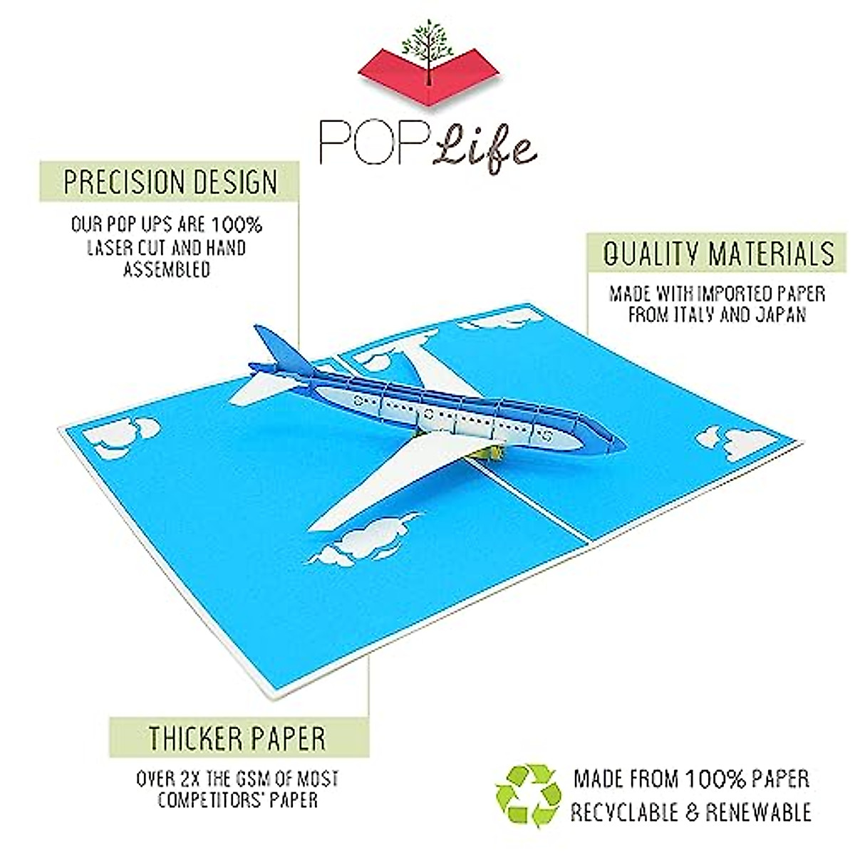 PopLife Jet Airplane Pop Up Card for All Occasions - Happy Birthday, Graduation, Congratulations, Retirement, Work Anniversary, Fathers Day - Pilots, Plane Travelers - Folds Flat for Mailing