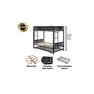 Harper & Bright Designs Metal Bunk Bed Twin Over Twin with Trundle, Heavy Duty Bunk Beds with Texteline Guardrails and Wood Slats, Twin Bunk Bed for Kids Boys Girls Dormitory Bedroom, Black