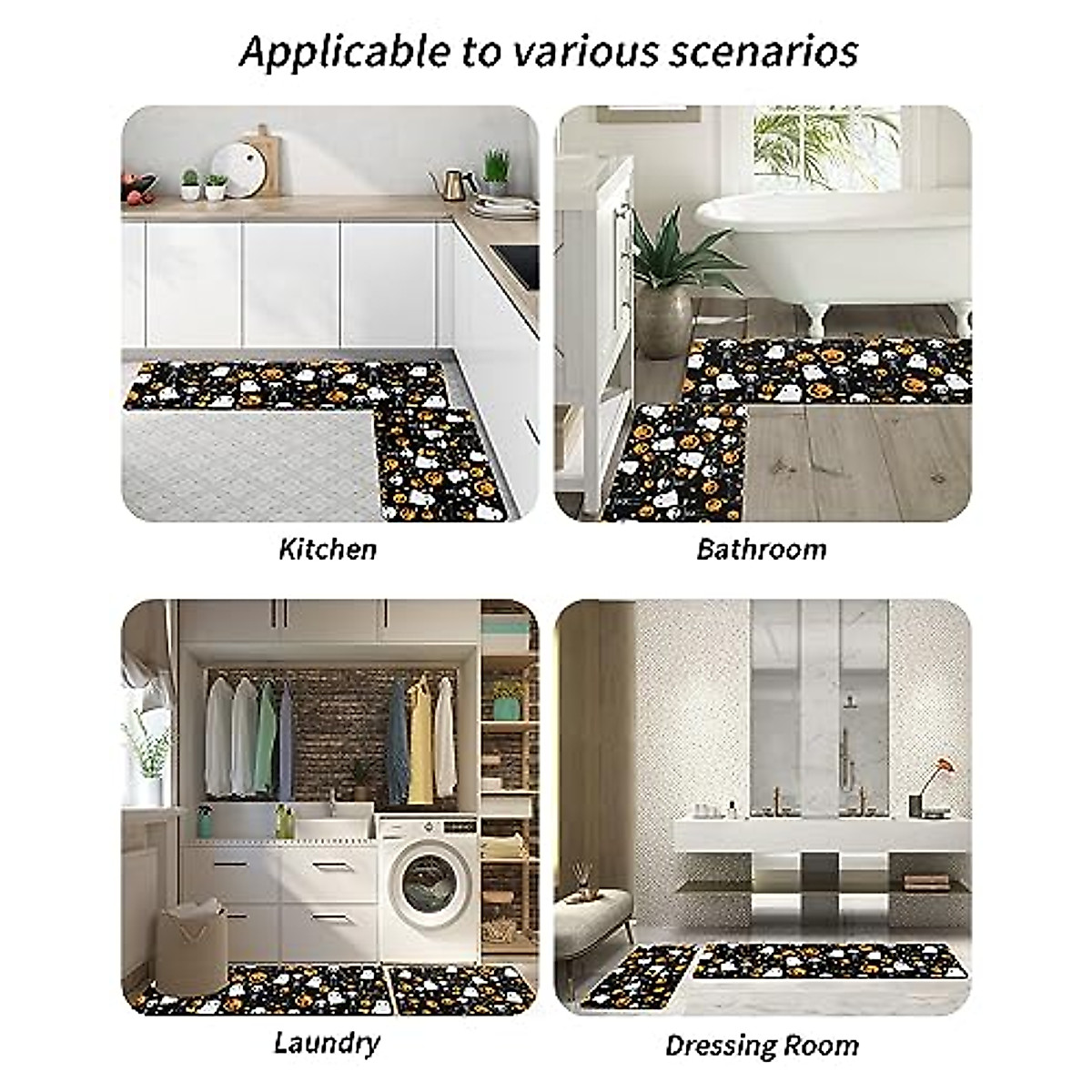 Black Halloween Bath Mat for Tub,Non Slip Bathroom Floor Runner Rug Quick Dry & Absorbent Diatomaceous Earth Shower Sink Kitchen Washable Doormat,Spooky Pumpkin Ghost Skull Cat Horror 18x30+18x48